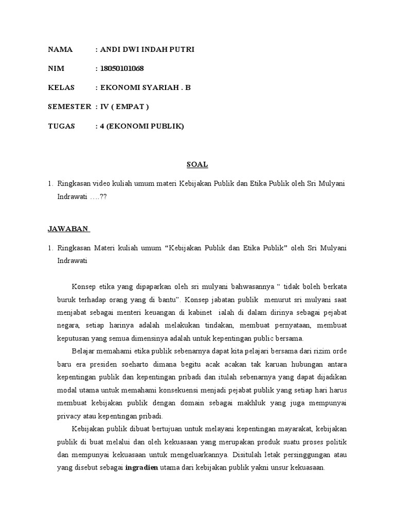 Tugas 4 (Ekonomi Publik) Andi Dwi Indah Putri 18050101068 Esy. B | PDF