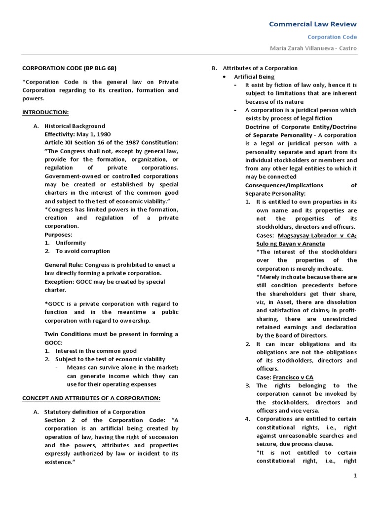 Commercial Law Review Corporation Code PDF | PDF | Preferred Stock ...