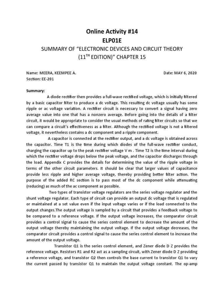 Online Activity #14 ELP01E: Summary of "Electronic Devices and Circuit Theory (11 Edition ...