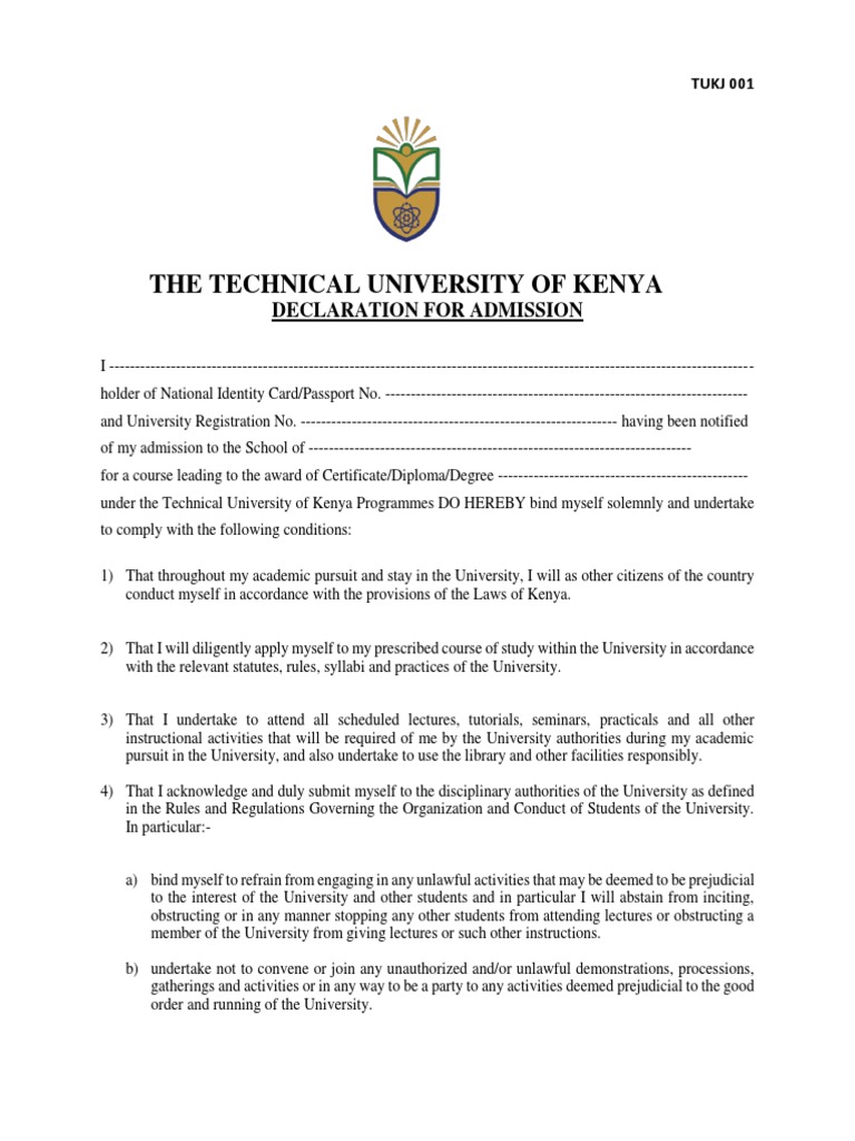 The Technical University of Kenya: Declaration For Admission | PDF ...