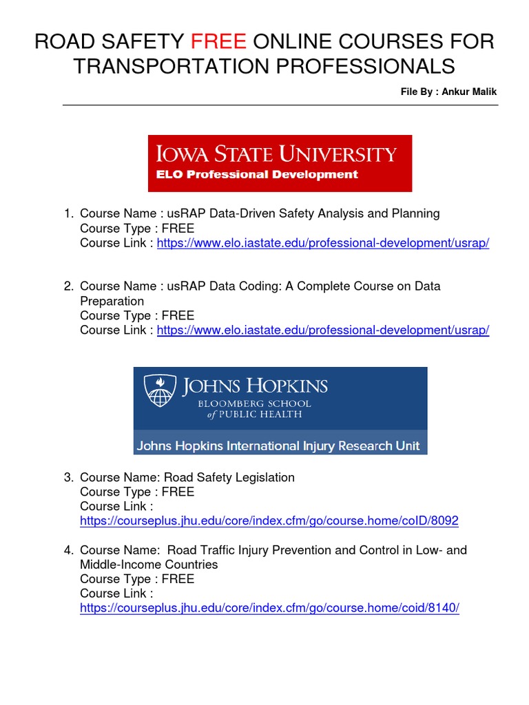 Free Road Safety Courses For Transportation Professionals. | PDF