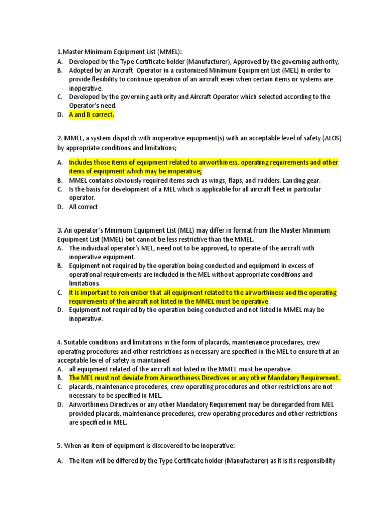 Master Minimum Equipment List-Quiz CONDUCT OF FLIGHT | PDF | Aerospace ...