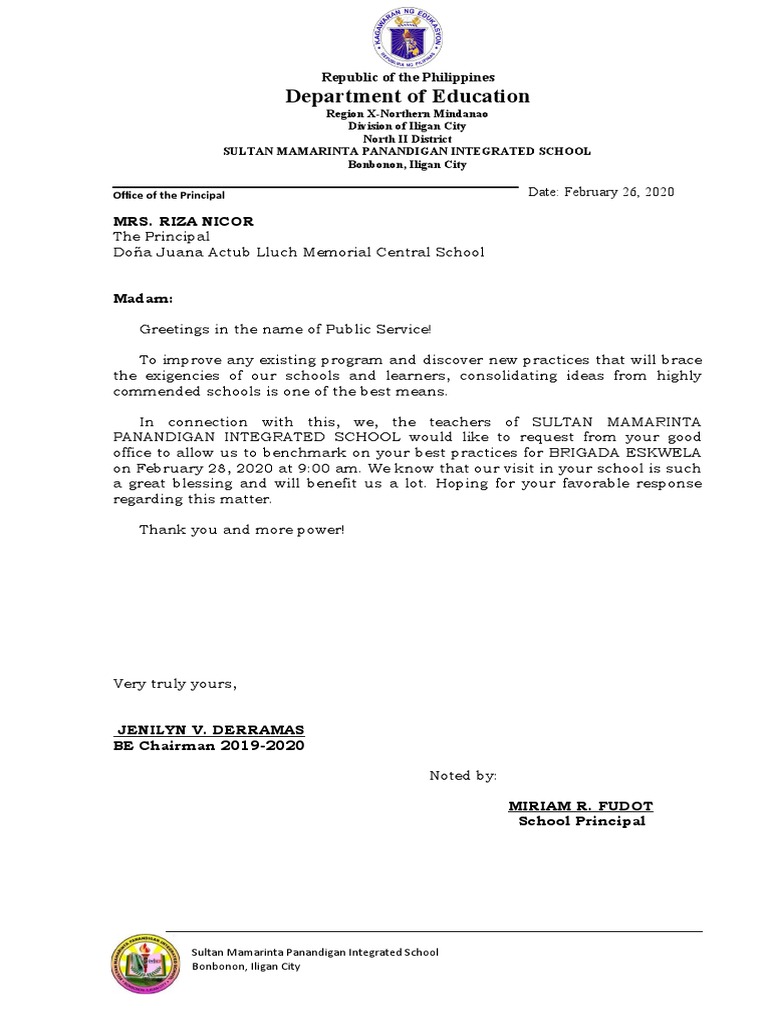 Request to Benchmark Best Practices for Brigada Eskwela from Doña Juana ...