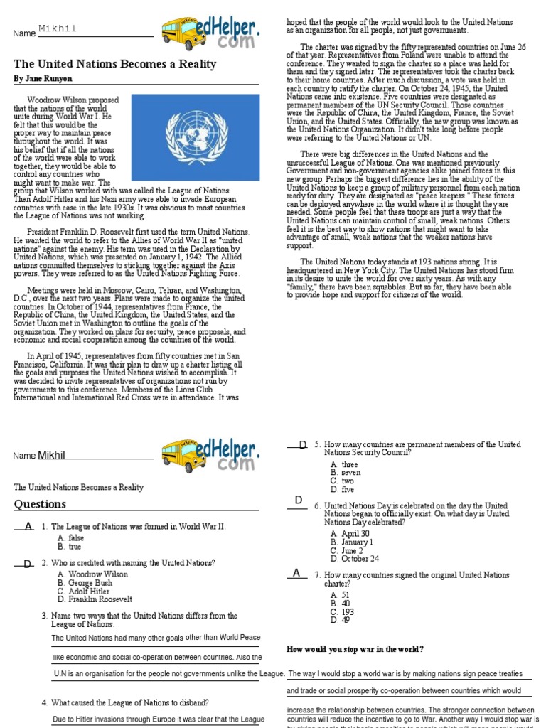 United Nations Reading Comprehension | PDF | League Of Nations | United ...