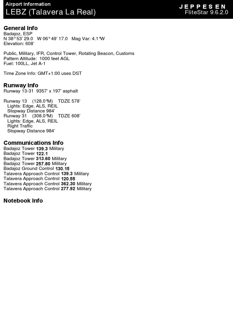 LEBZ (Talavera La Real) : General Info | PDF | Air Traffic Control | Runway