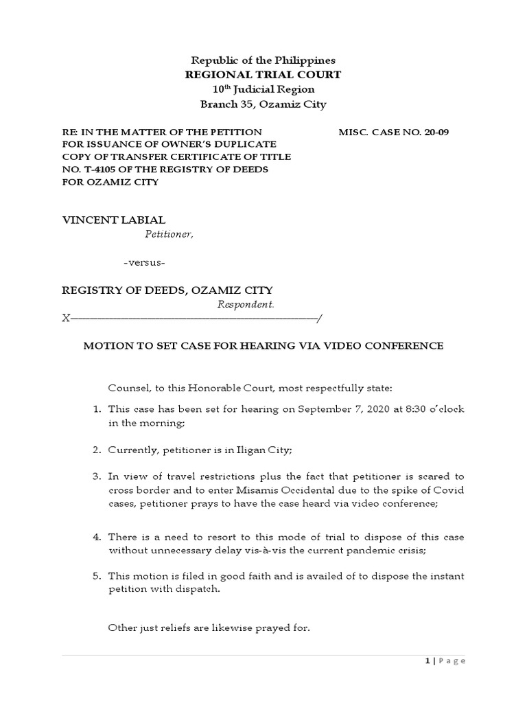 LABIAL (Motion To Set Case Hearing Via Video Conference) | PDF | Courts ...