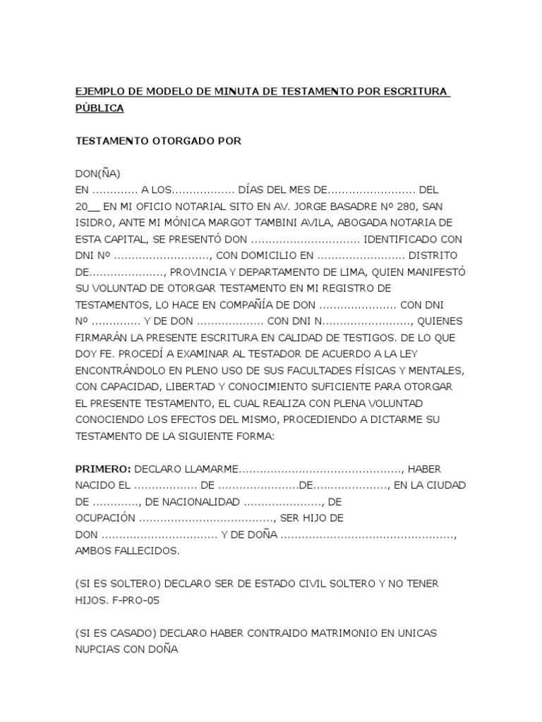 Modelo de Testamento por Escritura Pública | PDF | Voluntad y ...