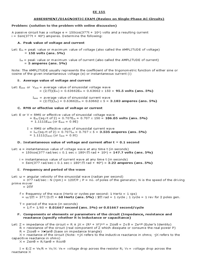 Solution To EE 155 Assessment (Diagnostic) Exam | PDF | Ac Power | Root ...