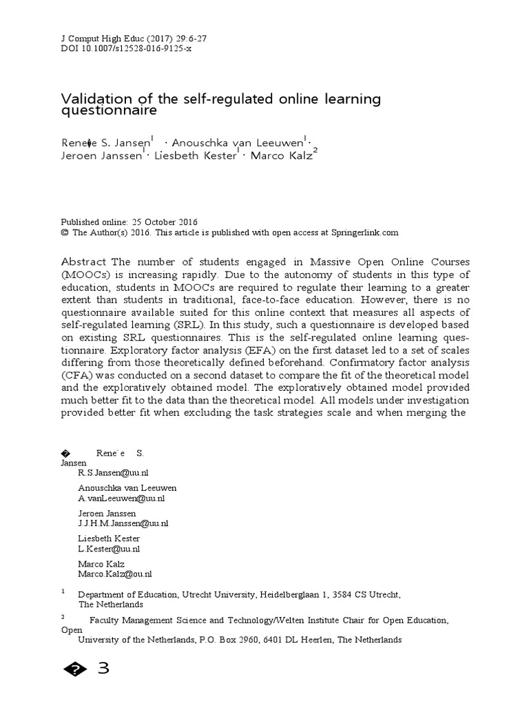 Validation Of The Self Regulated Online Learning Questionnaire Pdf Massive Open Online
