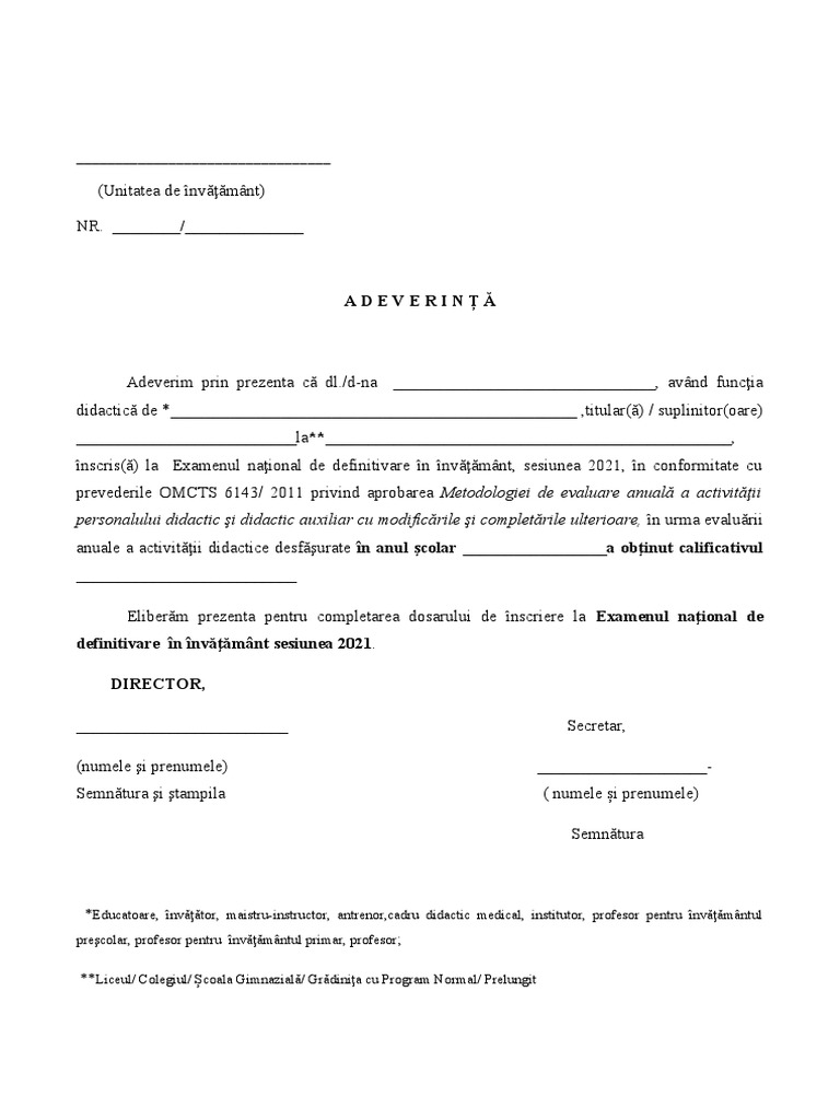 DEFINITIVAT 2021 - Model Adeverinta Calificativ | PDF