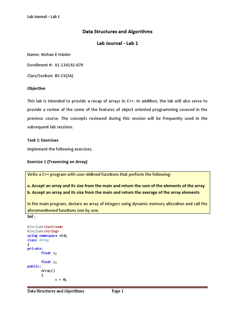 Data Structures and Algorithms Lab Journal - Lab 1 | PDF | Array Data Structure | C++