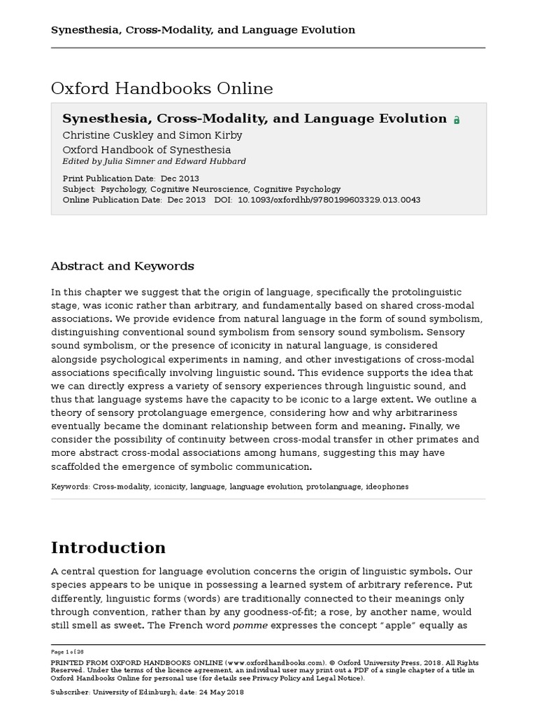 Oxford Handbooks Online: Synesthesia, Cross-Modality, and Language Evolution | PDF | Word ...