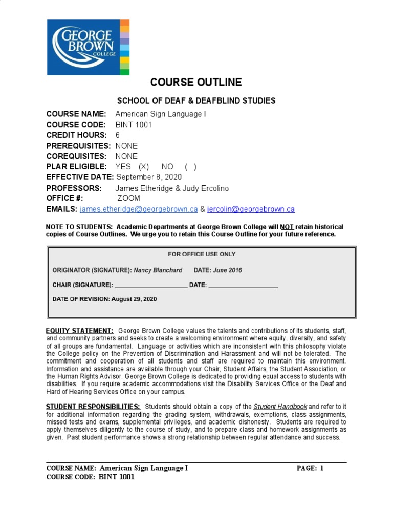 Bint 1001 Asl I Course Outline 2020 Final With Markups | PDF | American Sign Language ...