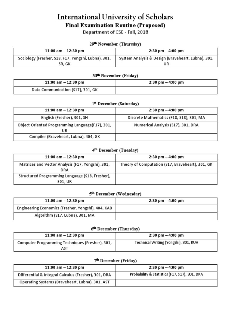 International University of Scholars: Final Examination Routine (Proposed) | PDF | Computer ...