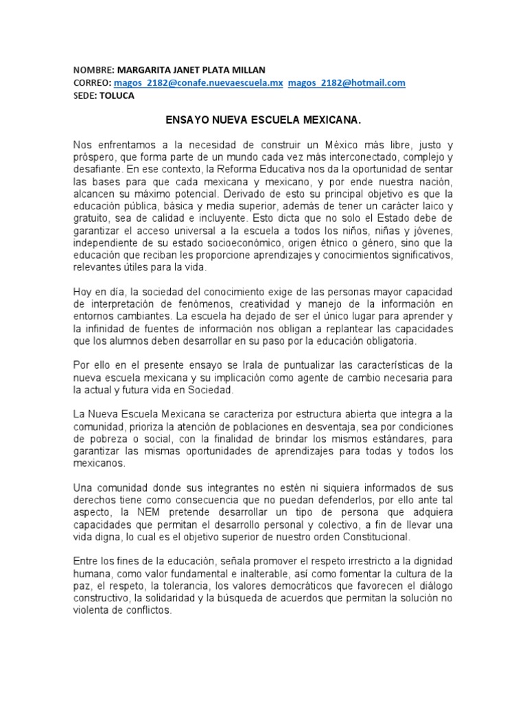 ENSAYO CONAFE - MARGARITA JANET PLATA MILLAN - Sede - TOLUCA | PDF ...