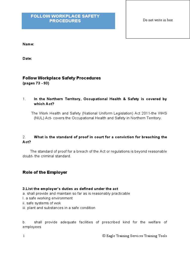 Day 1 - Follow Workplace Safety Procedures - Tool 2 | PDF ...