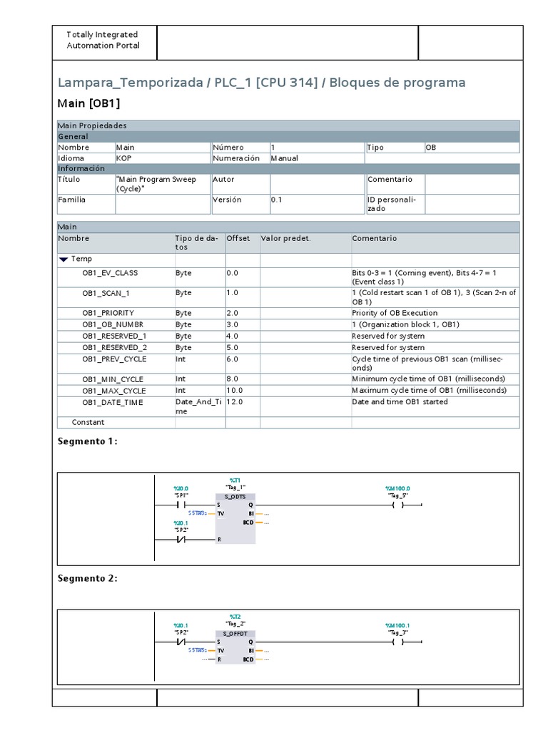 Lampara - Temporizada / PLC - 1 (CPU 314) / Bloques de Programa: Main (OB1) | PDF | Theoretical ...