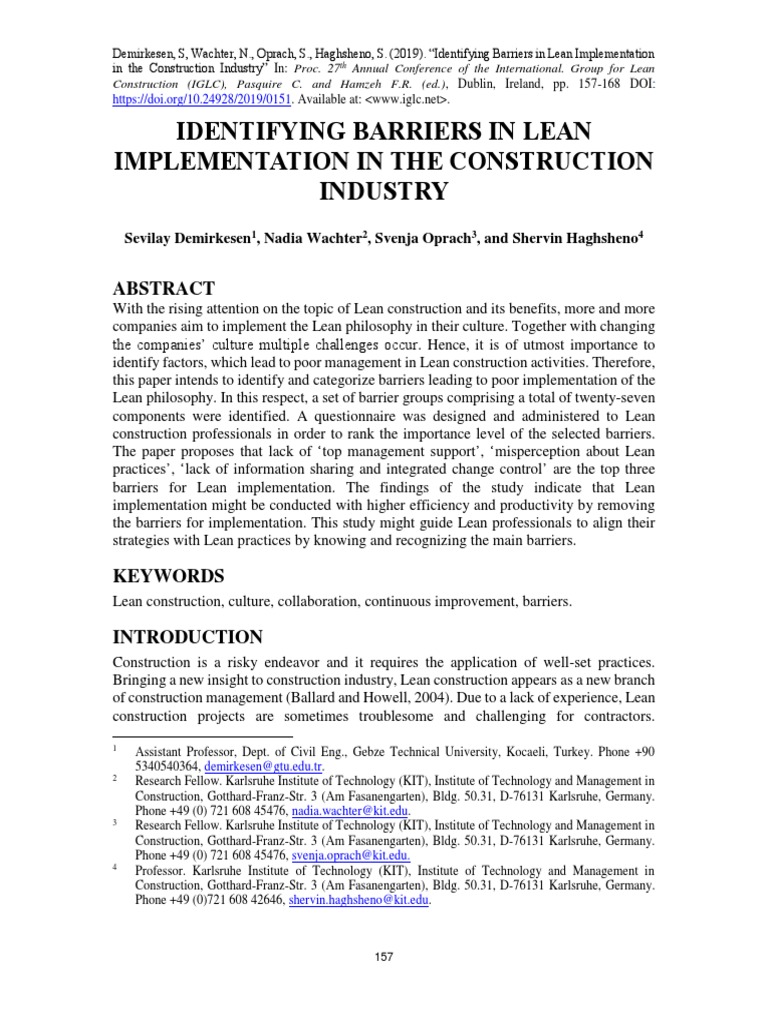 Identifying Barriers in Lean Implementation in The Construction ...