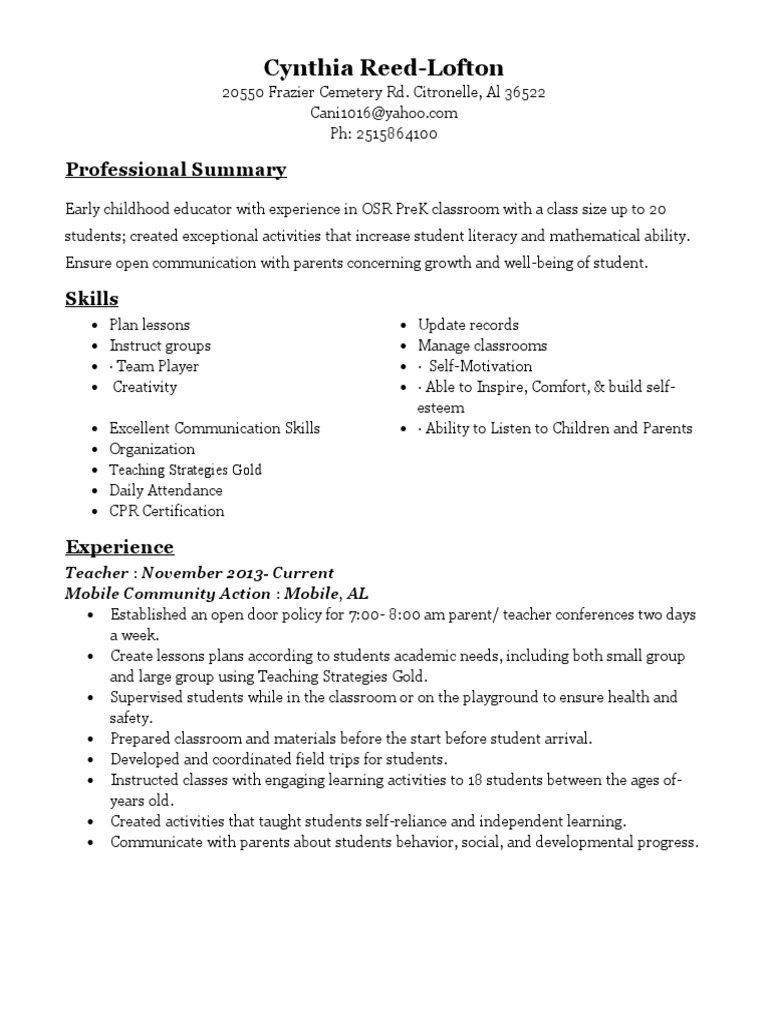 Cynthia Lofton Resume | PDF | Early Childhood Education | Teachers
