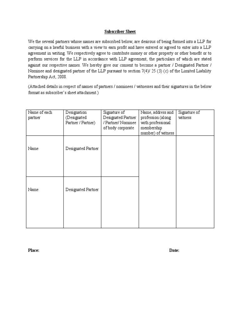 LLP Subscriber Sheet Format | PDF | Business | Law