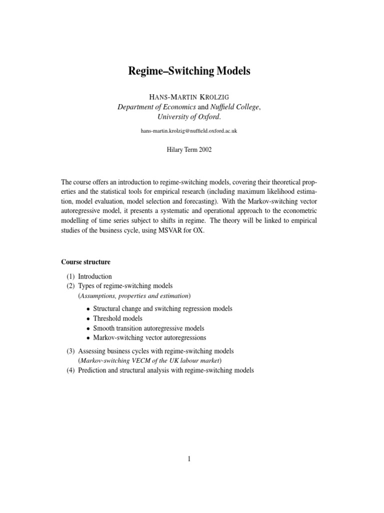 Regime-Switching Models: Department of Economics and Nuffield College, University of Oxford ...