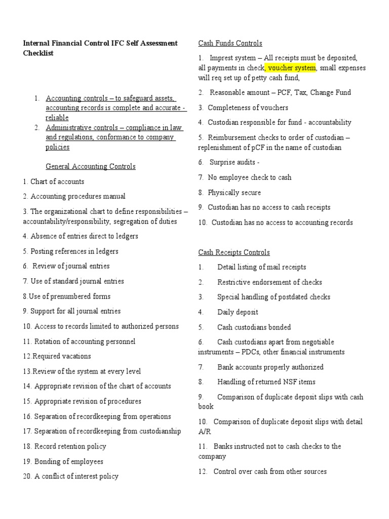 Internal Financial Control IFC Self Assessment Checklist | PDF | Cheque | Payroll
