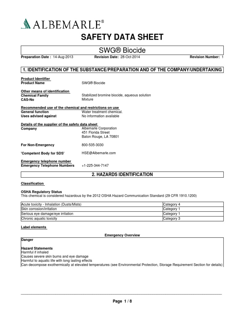 Safety Data Sheet: SWG® Biocide | PDF | Toxicity | Personal Protective ...