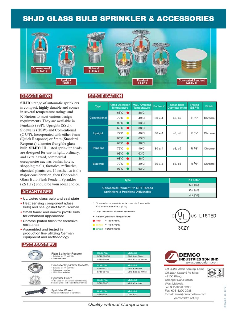 SHJD Glass Bulb Sprinkler & Accessories: Description Specification ...
