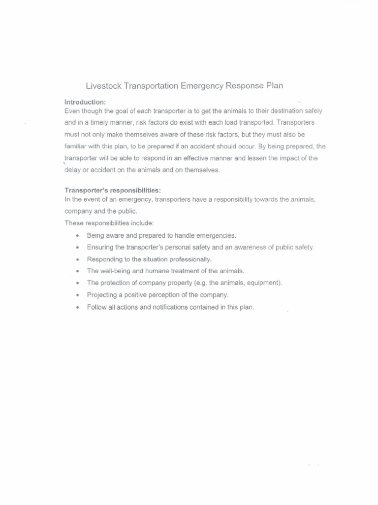 Livestock Transportation Emergency Response Plan: With The | PDF ...