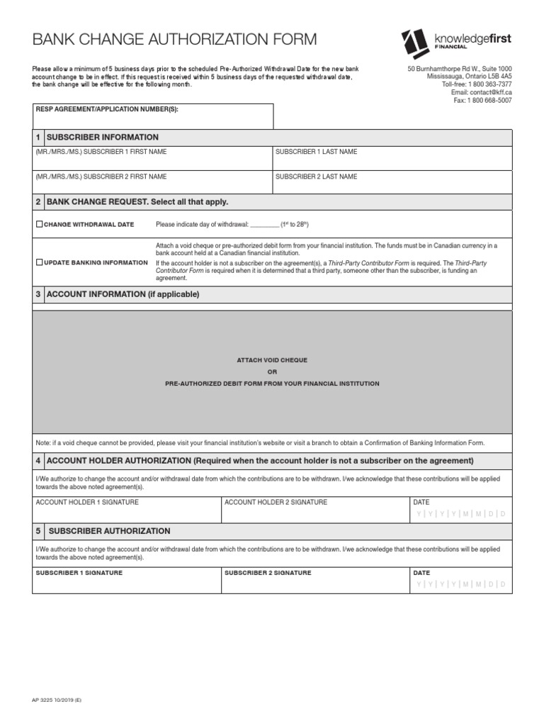 Bank Change Authorization Form: 1 Subscriber Information | PDF | Cheque ...