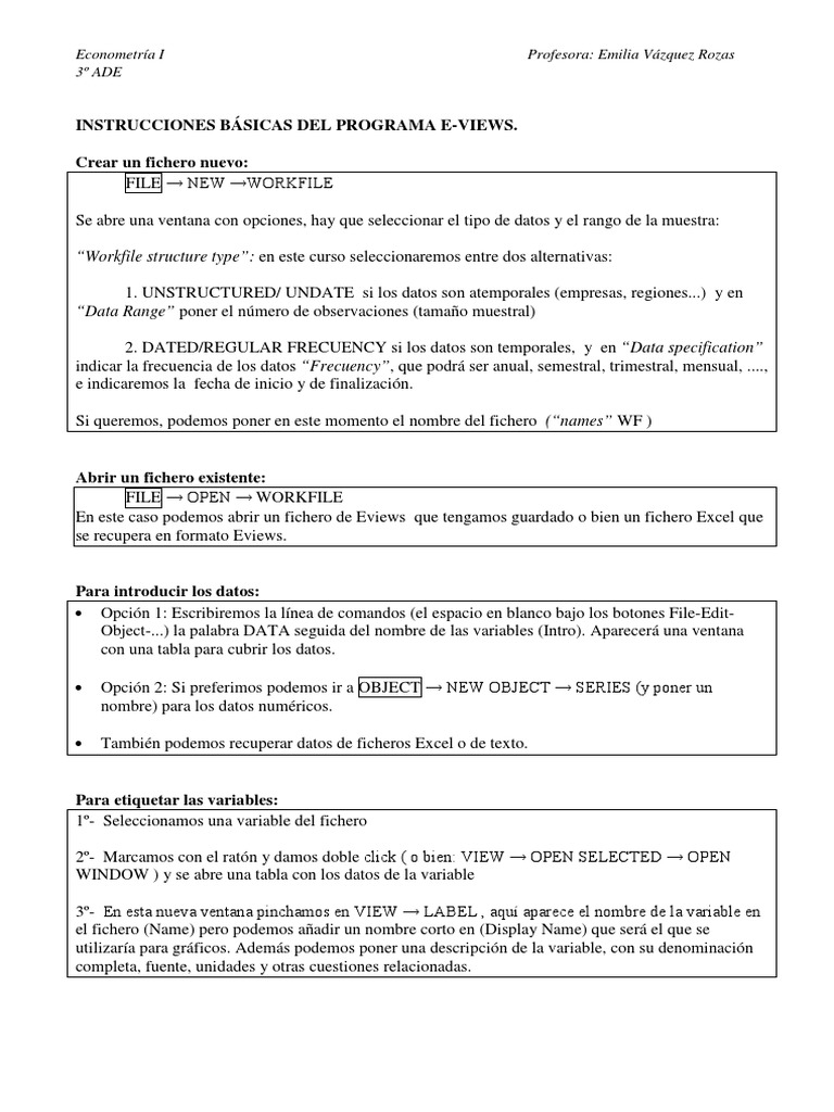Instrucciones Básicas Eviews | PDF | Econometría | Desviación Estándar