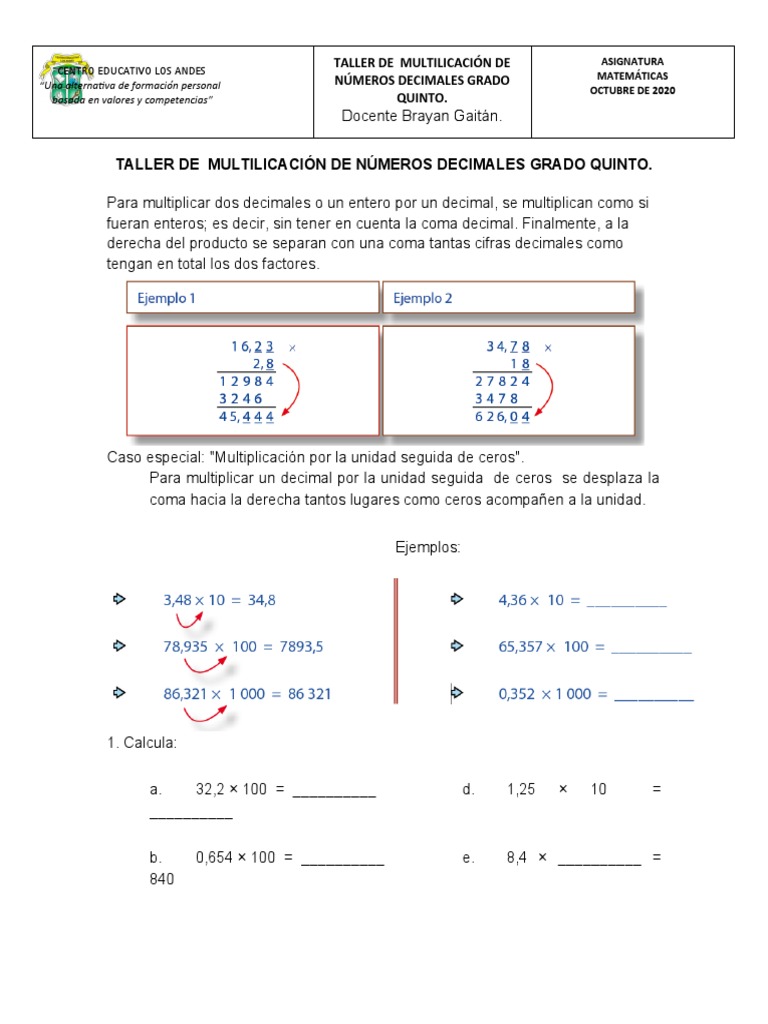 Taller de Multilicación de Números Decimales Grado Quinto. | PDF