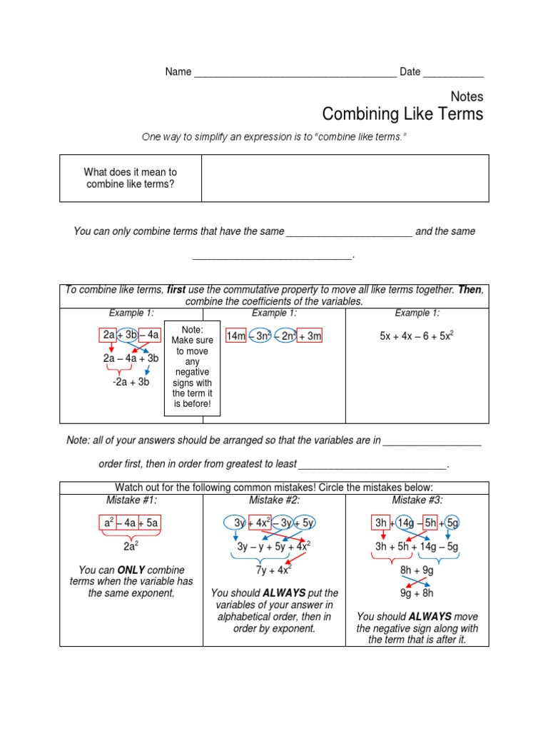 Combining Like Terms: Notes | Download Free PDF | Algebra | Teaching ...