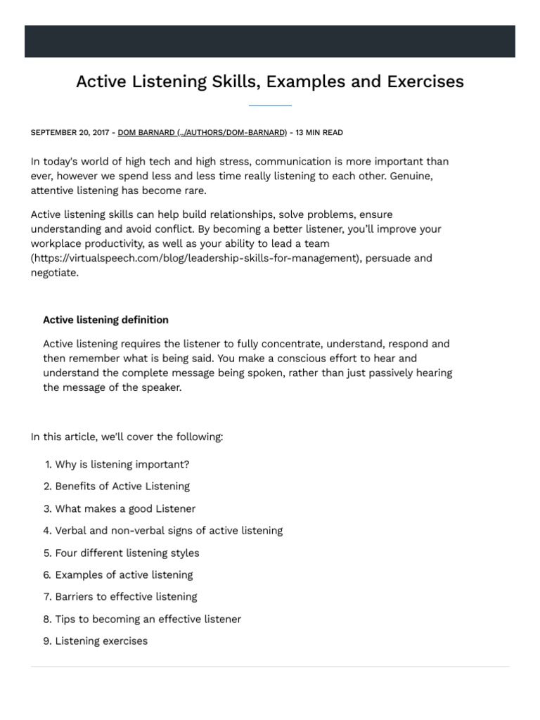 Active Listening Skills, Examples and Exercises | PDF | Nonverbal ...