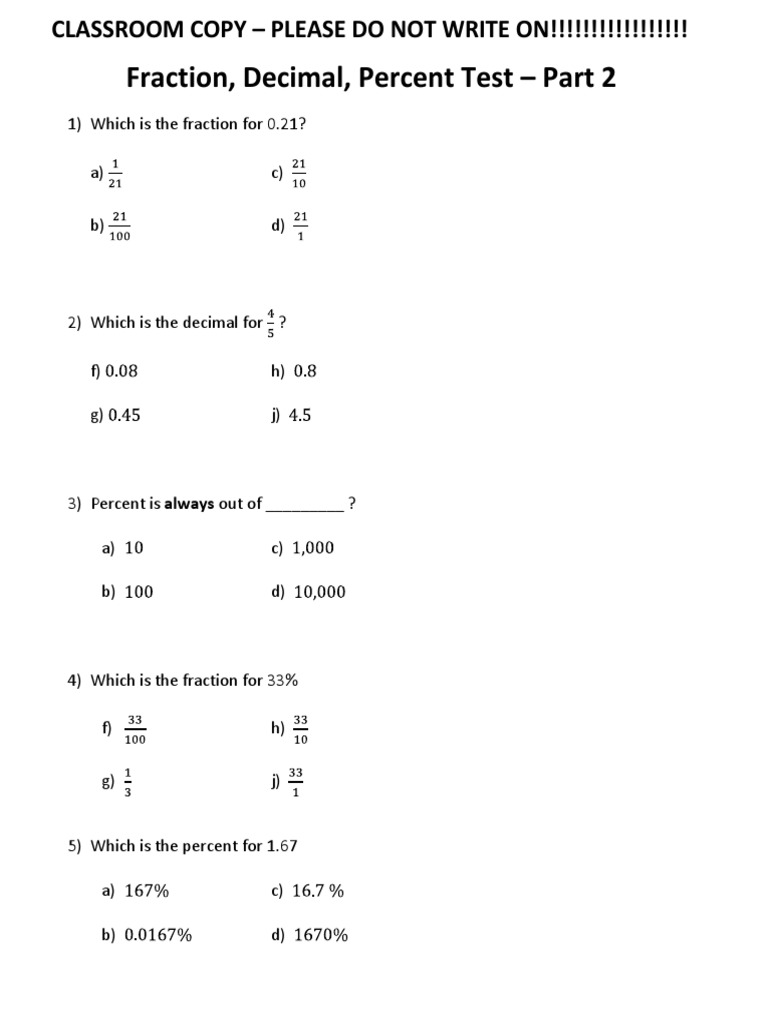 Fraction, Decimal, Percent Test - Part 2: 1) Which Is The Fraction For ...