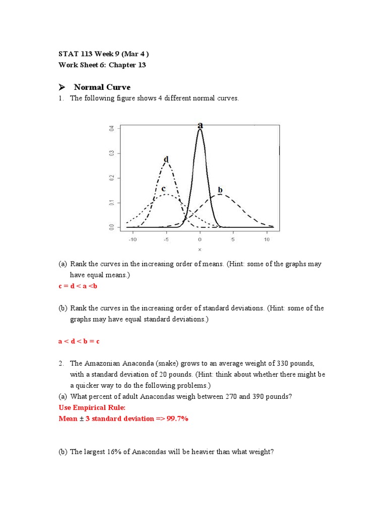 Normal Curve: STAT 113 Week 9 (Mar 4) Work Sheet 6: Chapter 13 | PDF ...