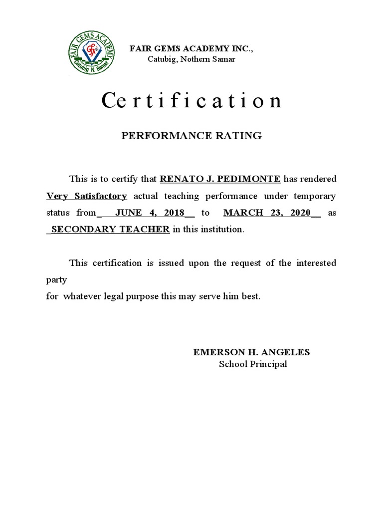 Certification: Performance Rating | PDF