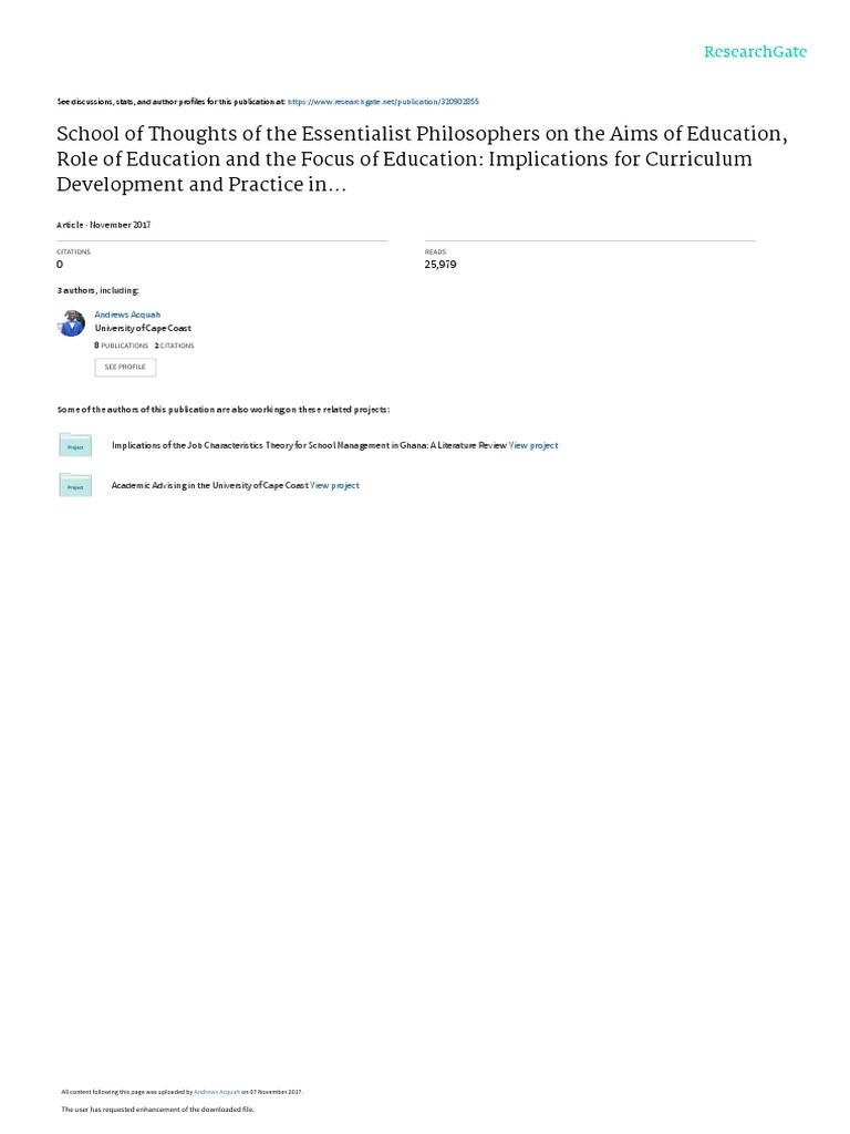 ESSENTIALISM | PDF | Curriculum | Philosophy Of Education