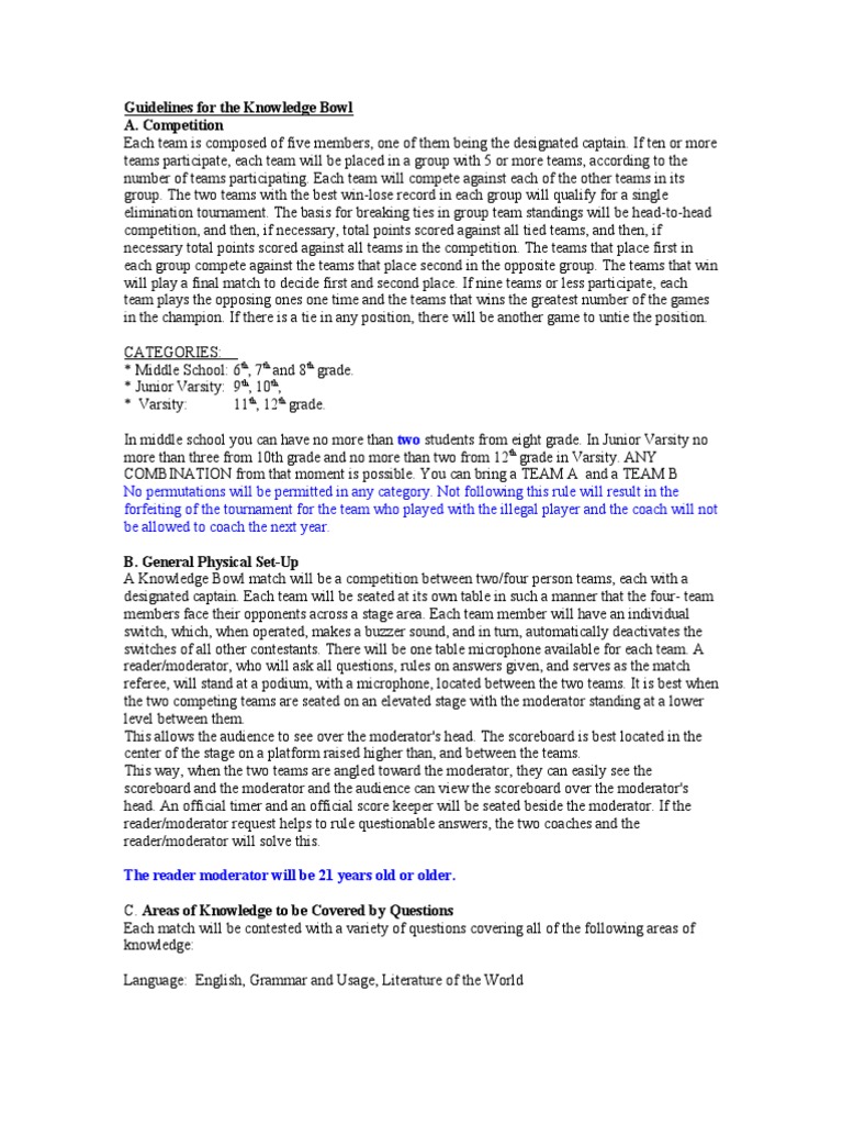 Guidelines For The Knowledge Bowl A. Competition: TH TH TH TH TH TH TH ...