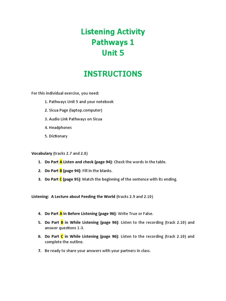 Listening Activity 2 Pathways 1 Unit 5 | PDF
