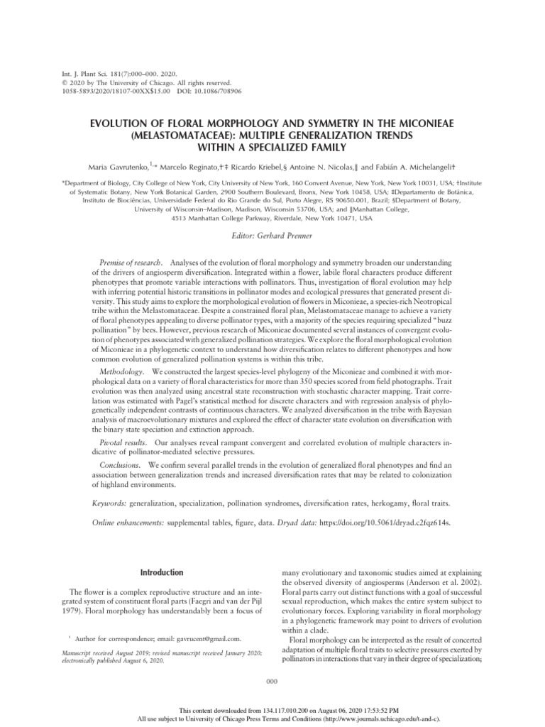 Evolution of Floral Morphology and Symmetry in The Miconieae (Melastomataceae) : Multiple ...