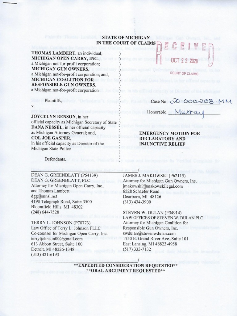 2020-10-20 - Plaintiff - Motion For Emergency Injunction | PDF | Injunction | Polling Place