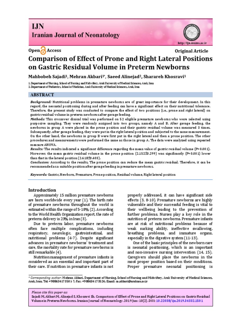 Prone vs. Lateral Position in Preterm Newborns | PDF | Preterm Birth ...