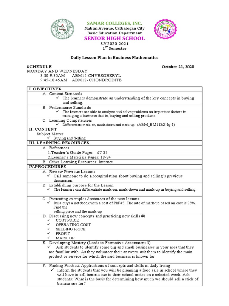 Business Math Lesson Plan: Buying & Selling | PDF | Lesson Plan | Learning