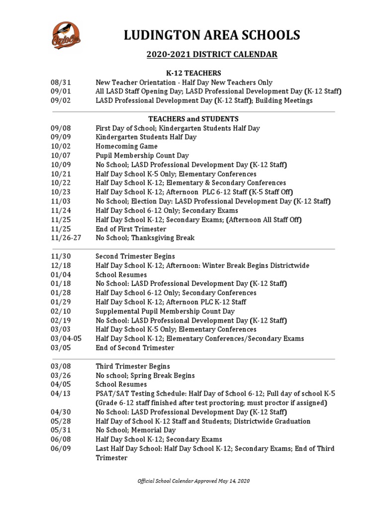 Official School Calendar 2020-2021 | PDF