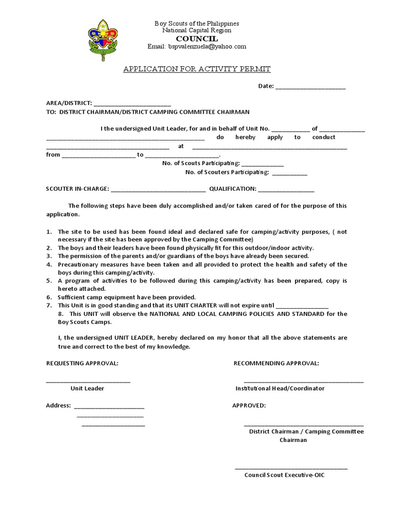 Activity Permit Application for Scouts | PDF | Government