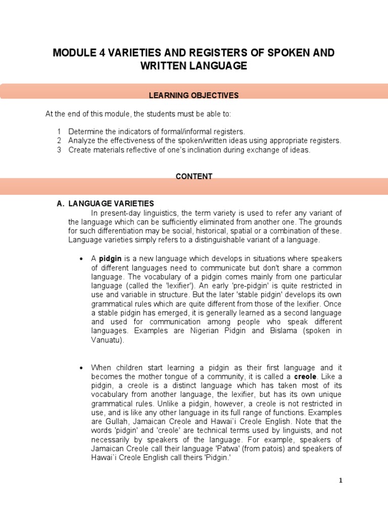 Module 4 Varieties and Registers of Spoken and Written Language | PDF ...