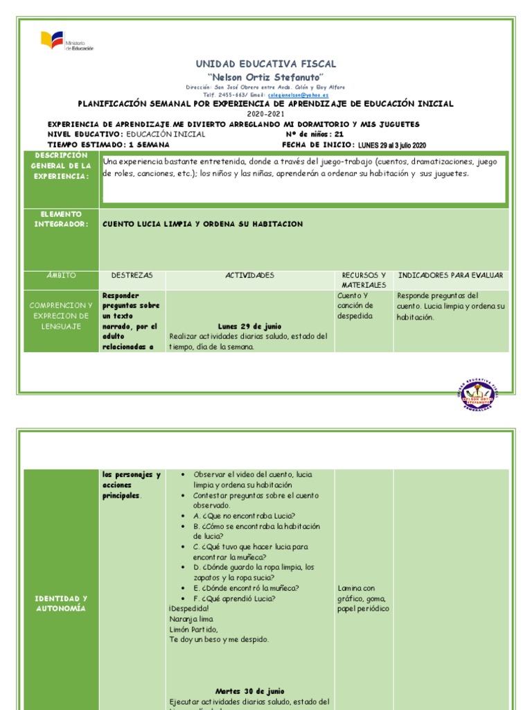Planificacion Semanal INICIAL | PDF | Juguetes | Educación de la ...