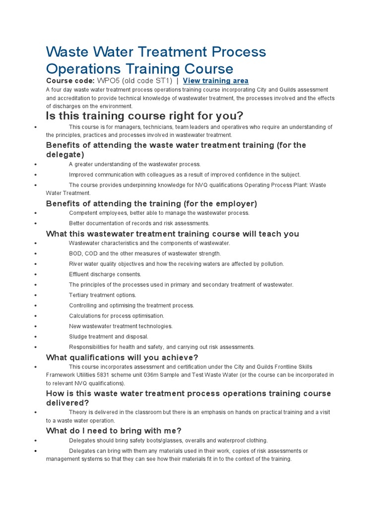 Waste Water Treatment Process Operations Training Course | PDF ...