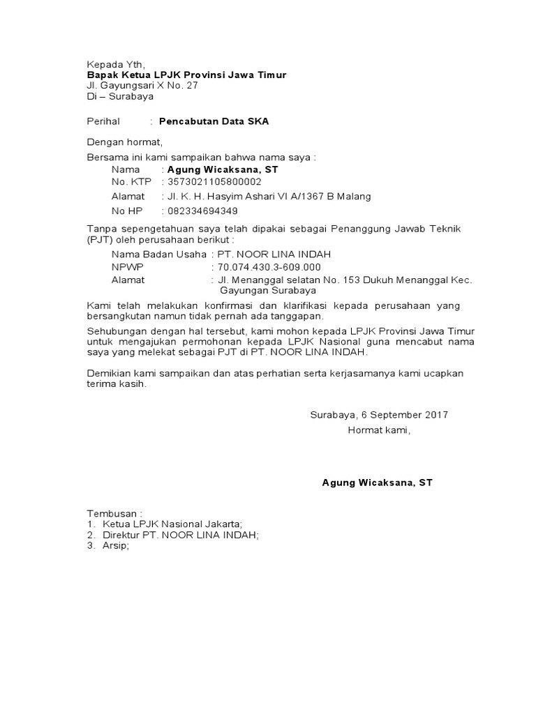 Contoh Surat Nama PJT Dipakai BUJK Lain Tanpa Ijin PDF | PDF